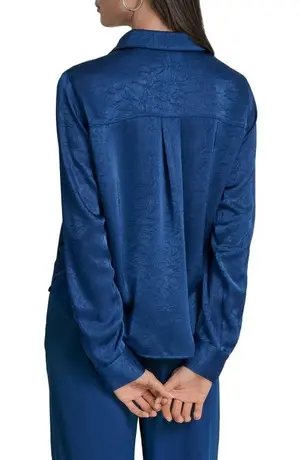 Dkny Twist Front Crinkle Satin Shirt - Cadet Blue