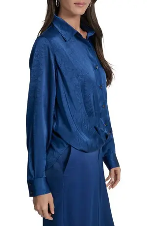 Dkny Twist Front Crinkle Satin Shirt - Cadet Blue