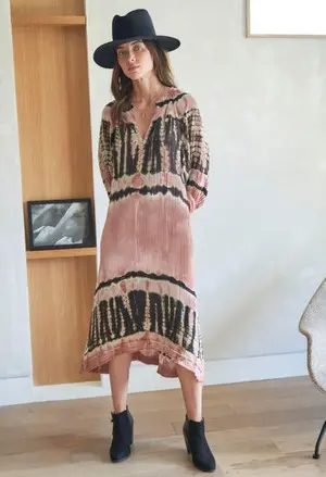 OCEAN+MAIN Tie Dye Gauze A-line Dress With Pockets - Aztec