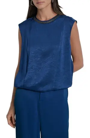 Dkny Chain Detail Sleeveless Crinkle Satin Top - Cadet Blue