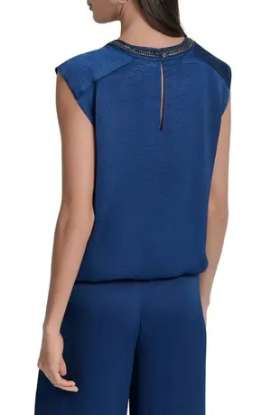 Dkny Chain Detail Sleeveless Crinkle Satin Top - Cadet Blue