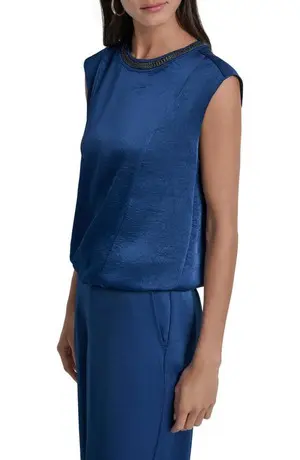 Dkny Chain Detail Sleeveless Crinkle Satin Top - Cadet Blue