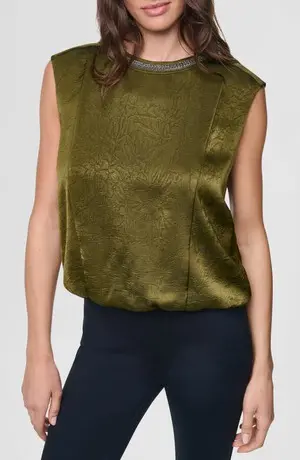 Dkny Chain Detail Sleeveless Crinkle Satin Top - Dark Olive