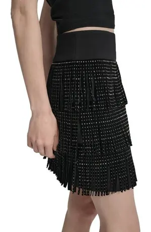 Dkny Studded Fringe Mini Skirt - Black