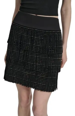 Dkny Studded Fringe Mini Skirt - Black