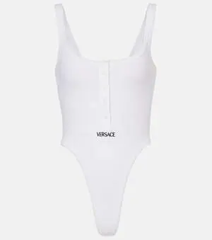 Versace Logo Ribbed-knit Bodysuit - White