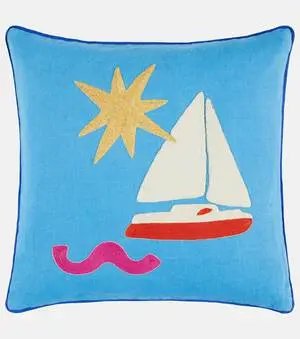 Jonathan Adler Playa Sailboat Linen Cushion - Blue