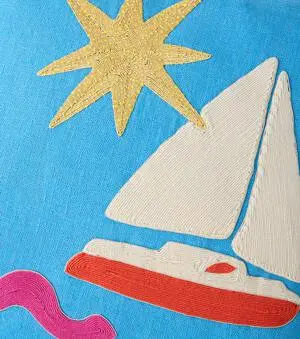 Jonathan Adler Playa Sailboat Linen Cushion - Blue