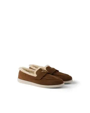 Prada Suede And Shearling Loafers - Brown