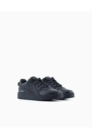 Emporio Armani Leather Sneakers With Oversized Ea Patch - Black