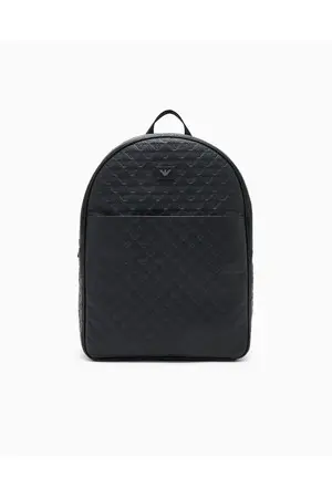 Emporio Armani Leather Backpack With Embossed Eagle And Outer Pocket