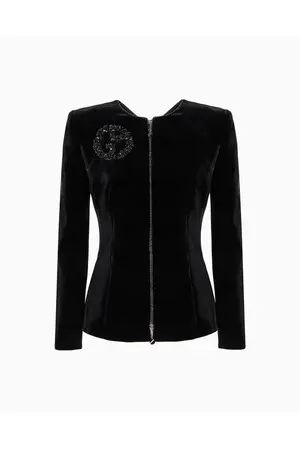 Giorgio Armani Velvet Zip-up Jacket With Bow Detail And Embroidery - Black