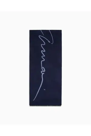 Giorgio Armani Two-tone Wool And Silk Scarf With Signature Logo - Blue