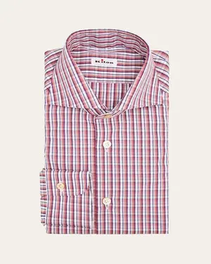 Kiton Cotton Degrade Check Spread Collar Dress Shirt - Red Blue