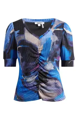 Dkny Print Ruched Puff Sleeve Top - Blue Brush