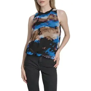 Dkny Printed Sleeveless Chiffon Bubble Top - Clouded Indigo