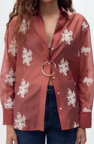 Mango Embroidered Semisheer Button-up Shirt
