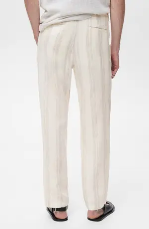 Mango Elastic Waist Linen Straight Leg Pants - Off White