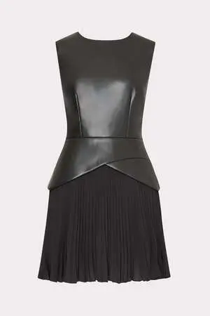 MILLY Haddy Leather Pleated Mini Dress - Black/black