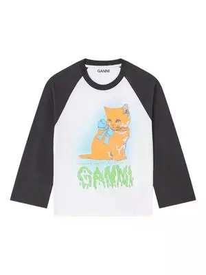 GANNI Kitty-print Baseball Top - White