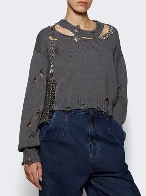 AREA Distressed Crewneck Sweater With Crystal Embellishments