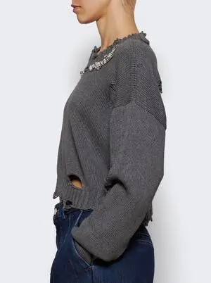 AREA Distressed Crewneck Sweater With Crystal Embellishments