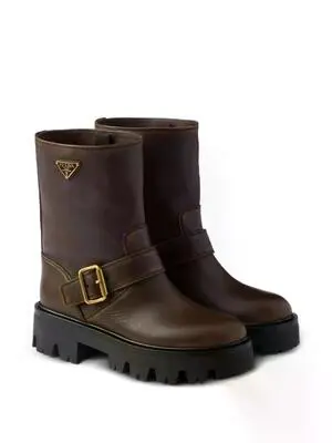 Prada Leather Buckled Combat Boots - Brown