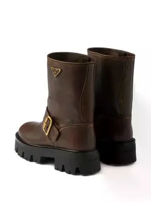 Prada Leather Buckled Combat Boots - Brown