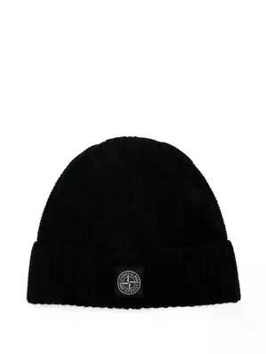 Stone Island Ribbed Wool Beanie - Black