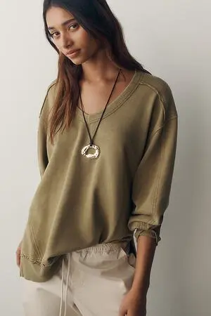 PILCRO Long-Sleeve V-Neck Oversized Popover Top Moss