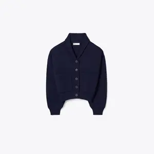 Tory Burch Cropped Wool Ribbed Cardigan - Navy