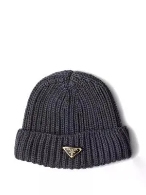 Prada Triangle Logo Ribbed Beanie - Grey