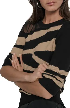 Dkny Zebra Stripe Three-quarter Sleeve Sweater