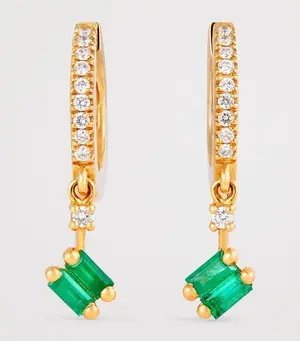 SUZANNE KALAN Yellow Diamond And Emerald Dangle Huggie Earrings