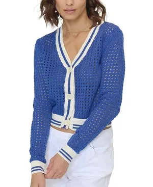 Central Park West Junie Varsity Mesh Stitch Cardigan - Dark Blue