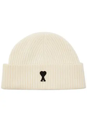 Ami Logo-Embroidered Wool Beanie Off White