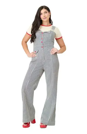SMAK PARLOUR Wide Leg Dungarees - Navy White Stripes