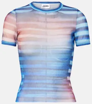 JEAN PAUL GAULTIER Printed Striped Mesh T-shirt - Blue