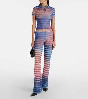 JEAN PAUL GAULTIER Printed Striped Mesh T-shirt - Blue