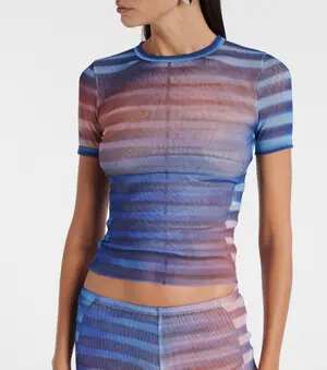 JEAN PAUL GAULTIER Printed Striped Mesh T-shirt - Blue