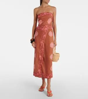 Johanna Ortiz Embroidered Smocked Linen Midi Dress