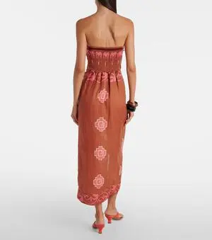 Johanna Ortiz Embroidered Smocked Linen Midi Dress