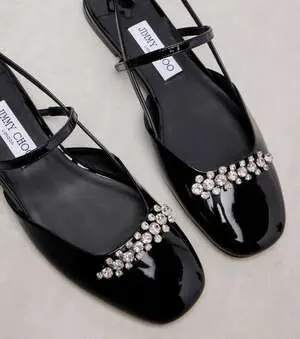 JIMMY CHOO Belinda Embellished Patent Leather Flats - Black