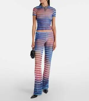 JEAN PAUL GAULTIER Printed Striped Mesh Flared Pants - Blue