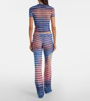 JEAN PAUL GAULTIER Printed Striped Mesh Flared Pants - Blue
