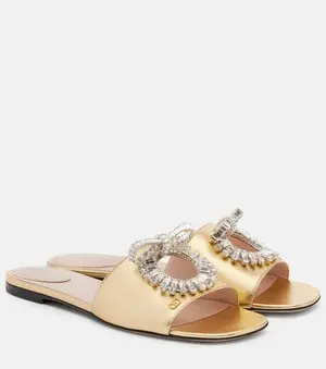 Valentino Garavani Adamantine Embellished Leather Slides - Gold