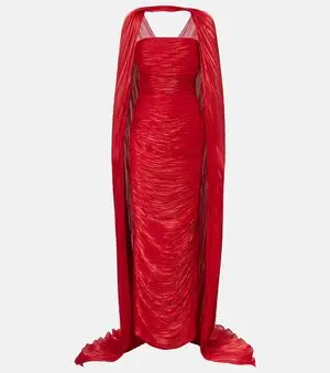 MARMAR HALIM Caped Pleated Bustier Gown - Red