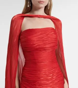 MARMAR HALIM Caped Pleated Bustier Gown - Red