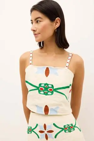 MARIE OLIVER Embroidered Linen Crop Top