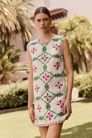 MARIE OLIVER Yvette Embroidered Linen Mini Dress - Trellis